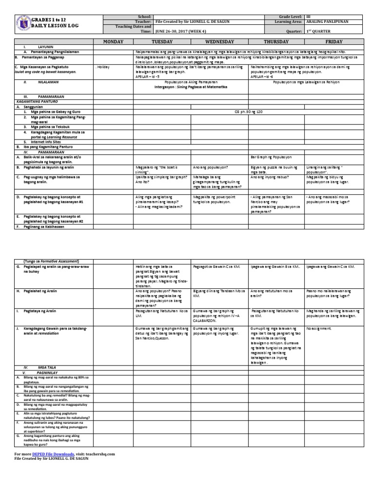 Grade 3 DLL Araling Panlipunan 3 Q1 Week 4 | PDF