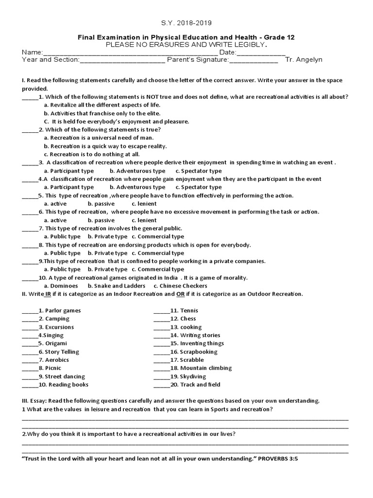 Final Examination in Physical Education and Health - Grade 12 | PDF ...
