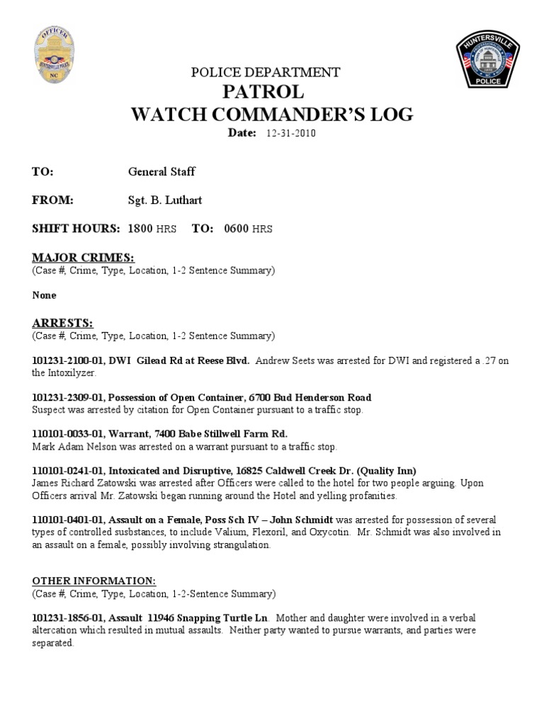 Watch Log 12-31-10night-Redacted | PDF | Traffic Stop | Crime & Violence