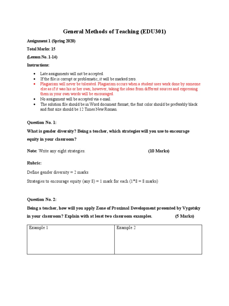 General Methods of Teaching (EDU301) : Assignment 1 (Spring 2020) Total Marks: 15 (Lesson No. 1 ...