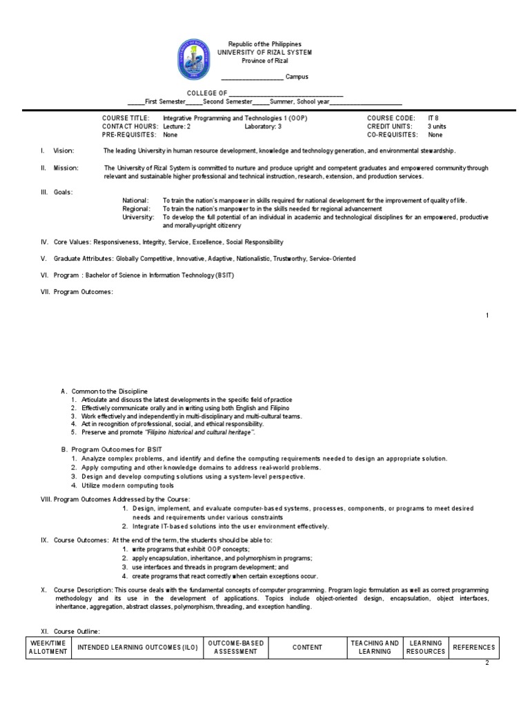 Integrative Programming And Technologies 1 Oop Syll Pdf Method Computer Programming 