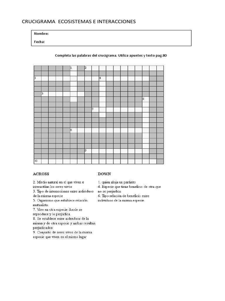 Crucigrama Ecosistemas e Interacciones | PDF