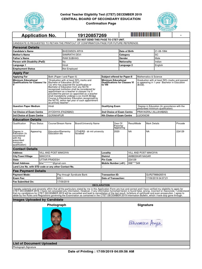 Application No. 19120857269: Central Teacher Eligibility Test (CTET ...