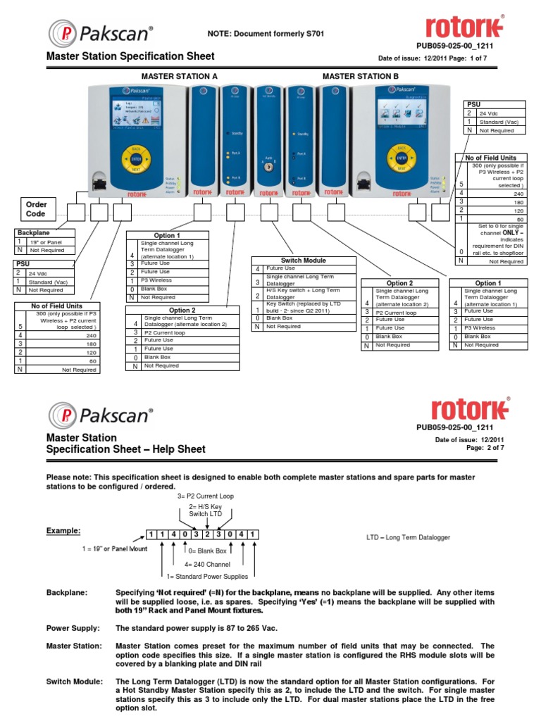 Master Station Specification Sheet: Date of Issue: 12/2011 Page: 1 of 7 ...
