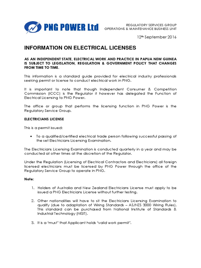 Information On Electrical Licenses | PDF | Electrician | Papua New Guinea