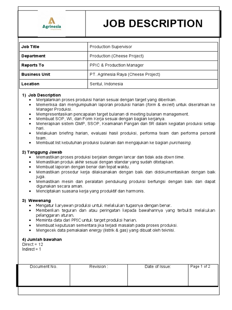 Job Description Production Spv. New | PDF