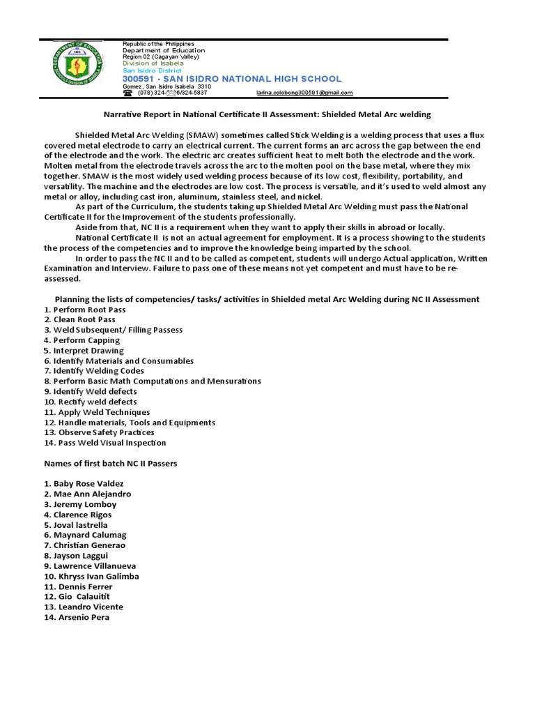 Narrative Report in NC II Assessment JCV | PDF | Welding | Construction