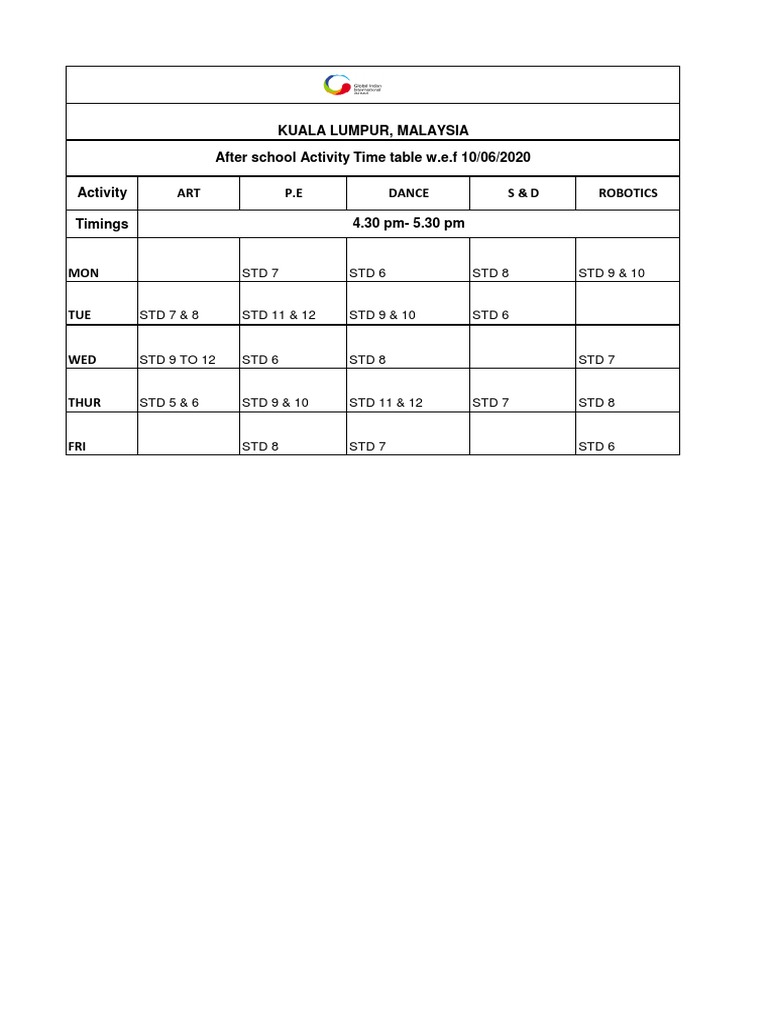 Activity Time Table-Updated | PDF