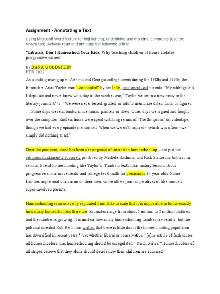 Assignment - Annotating A Text: "Liberals, Don't Homeschool Your Kids ...