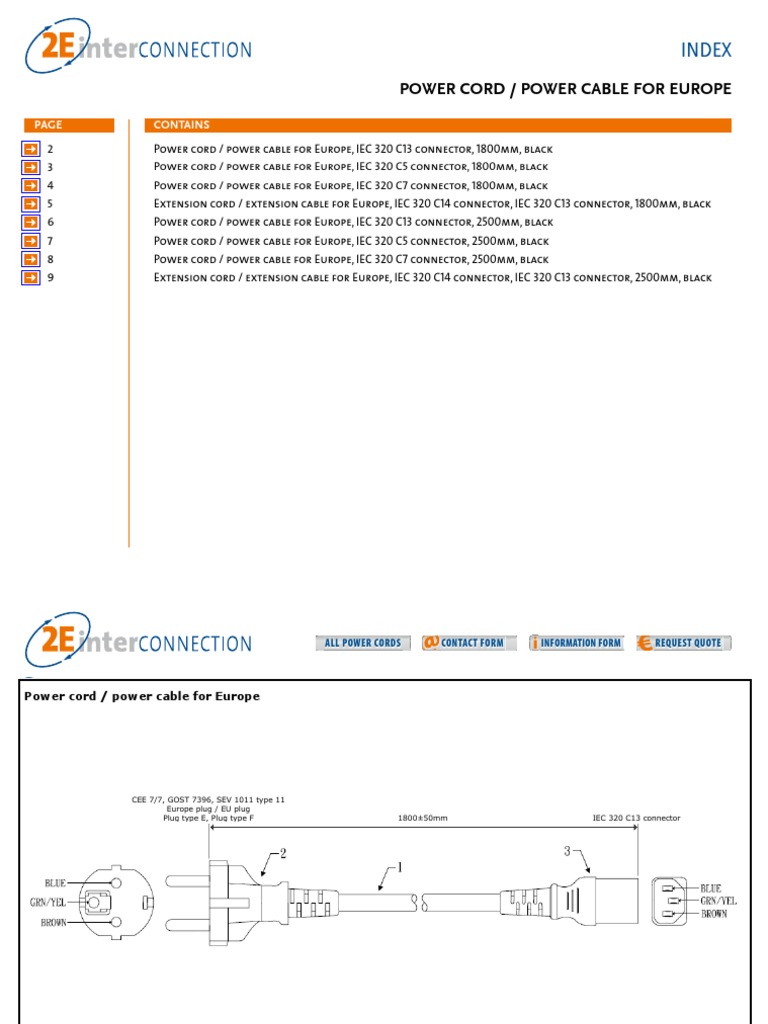 Index of European Power Cords and Extension Cables with Various ...