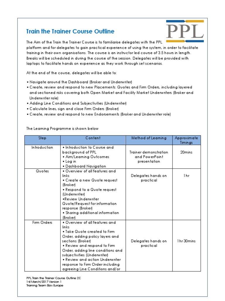 PPL Train the Trainer Course Outline | PDF | Underwriting | Learning