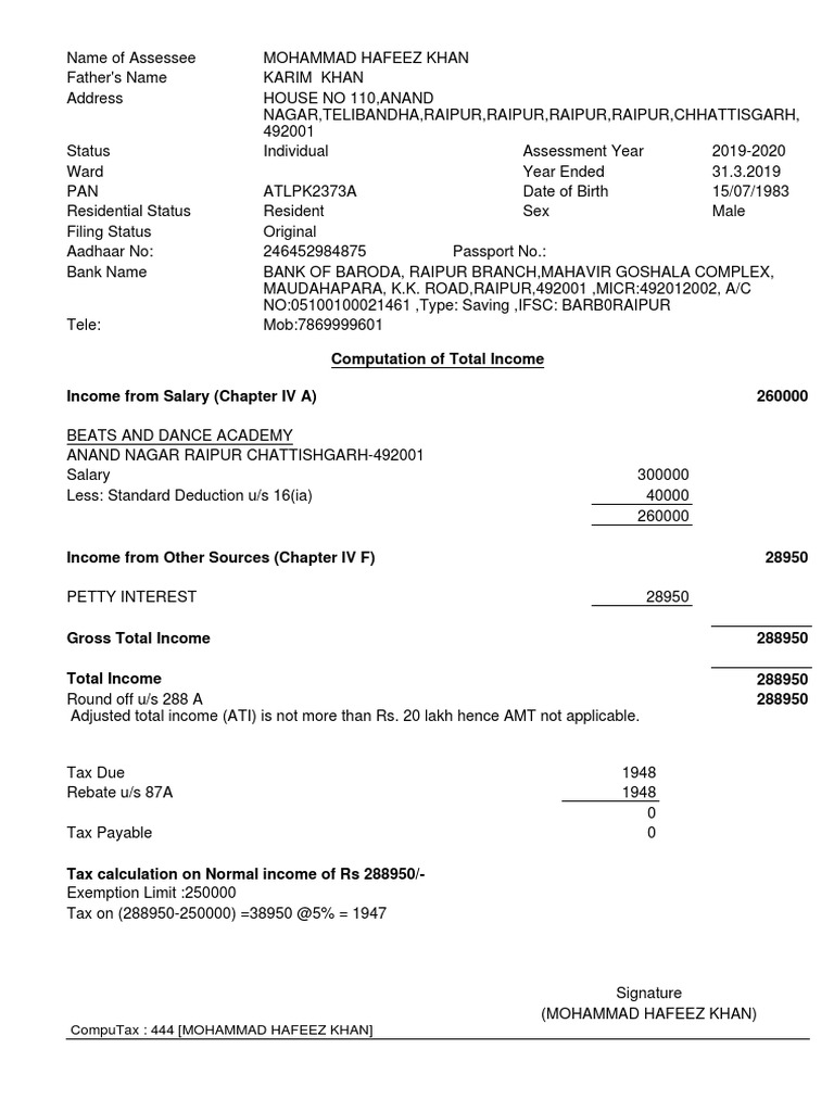 Computation of Total Income Income From Salary (Chapter IV A) 260000 ...