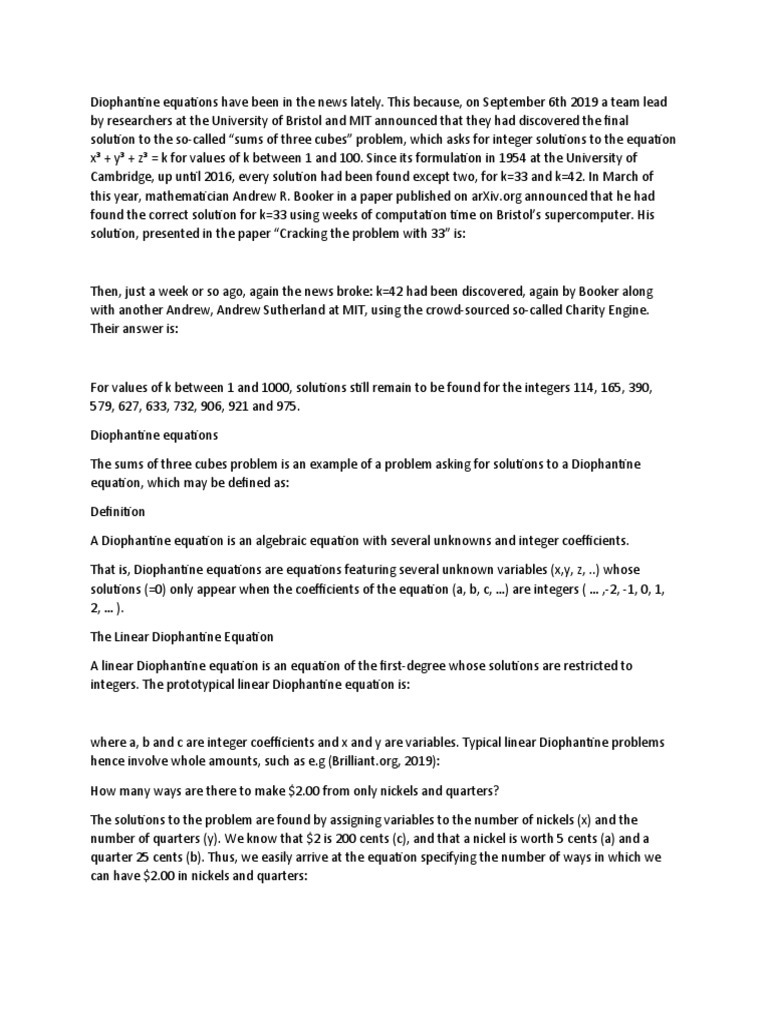 The Sums Of Three Cubes Problem Solving A Famous Diophantine Equation Pdf Equations