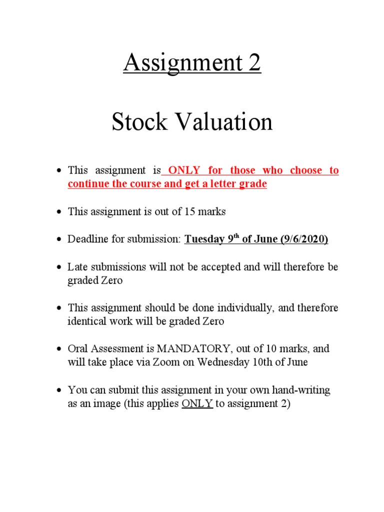 Assignment 2 Stock Valuation: ONLY For Those Who Choose To Continue The ...