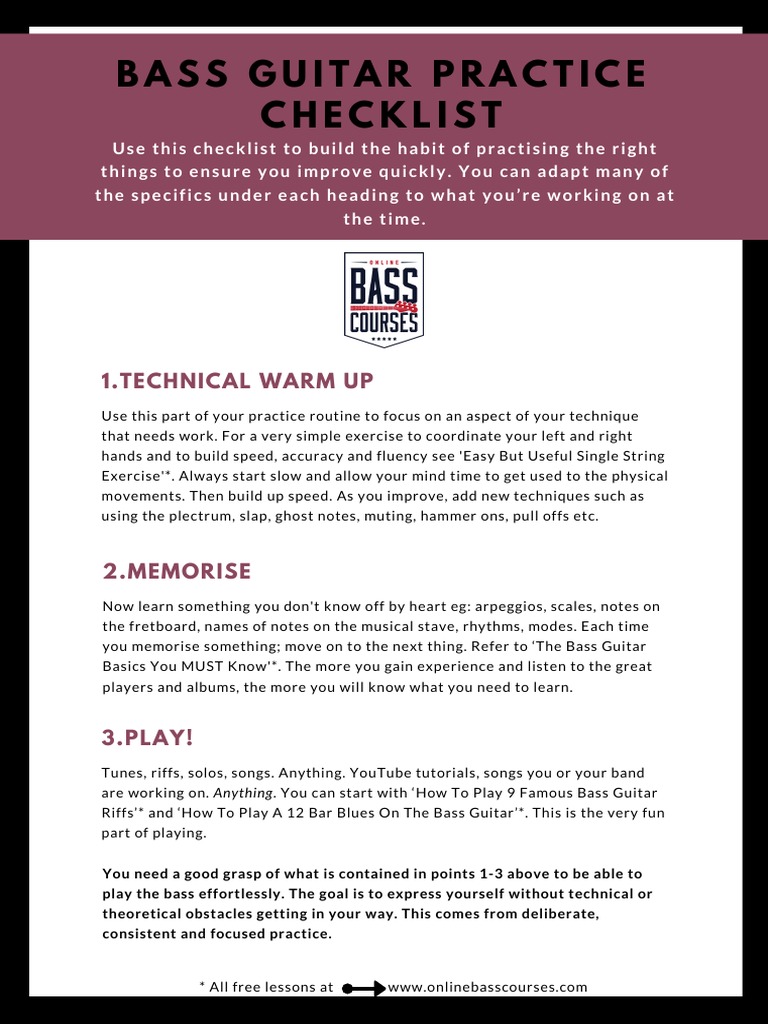 Bass Guitar Practice Checklist: 1.technical Warm Up | PDF