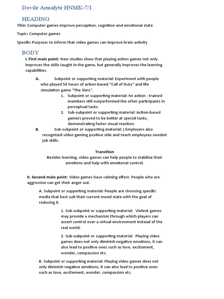 First Main Point: New Studies Show That Playing Action Games Not Only | PDF