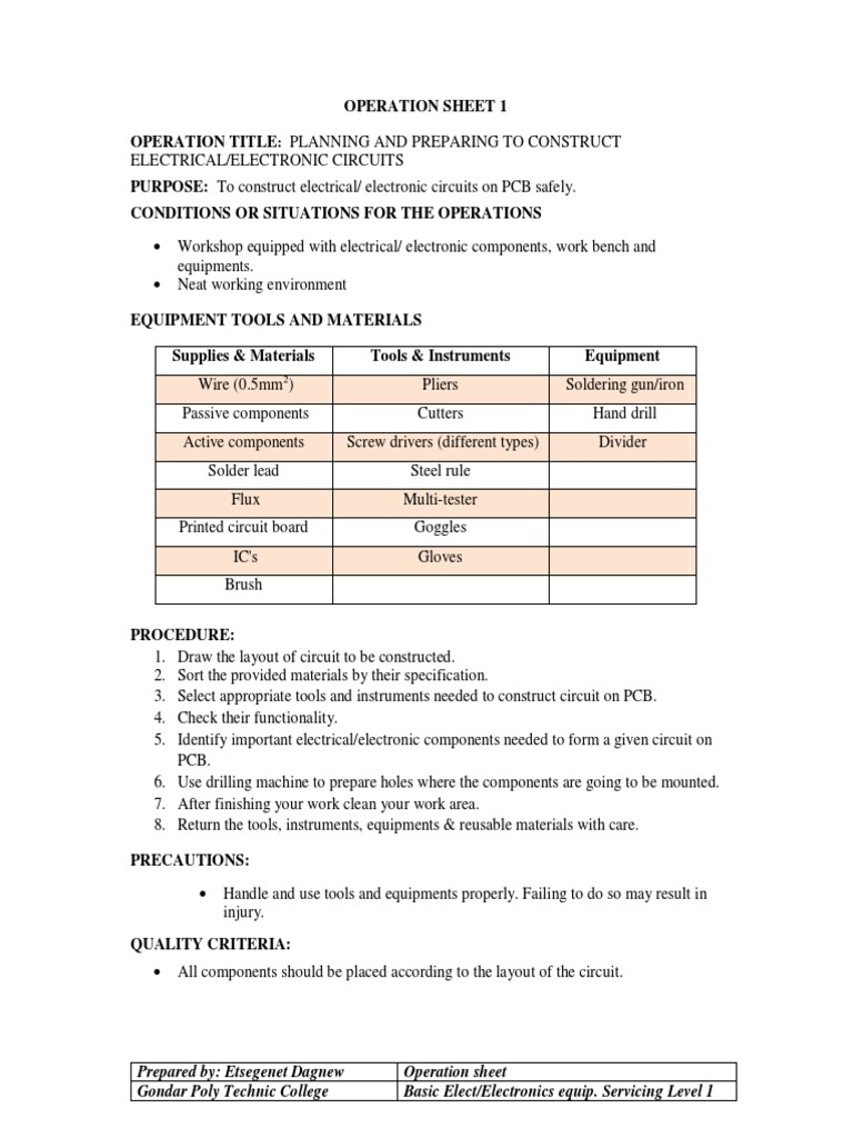 Operation Sheet 1 | PDF | Printed Circuit Board | Soldering