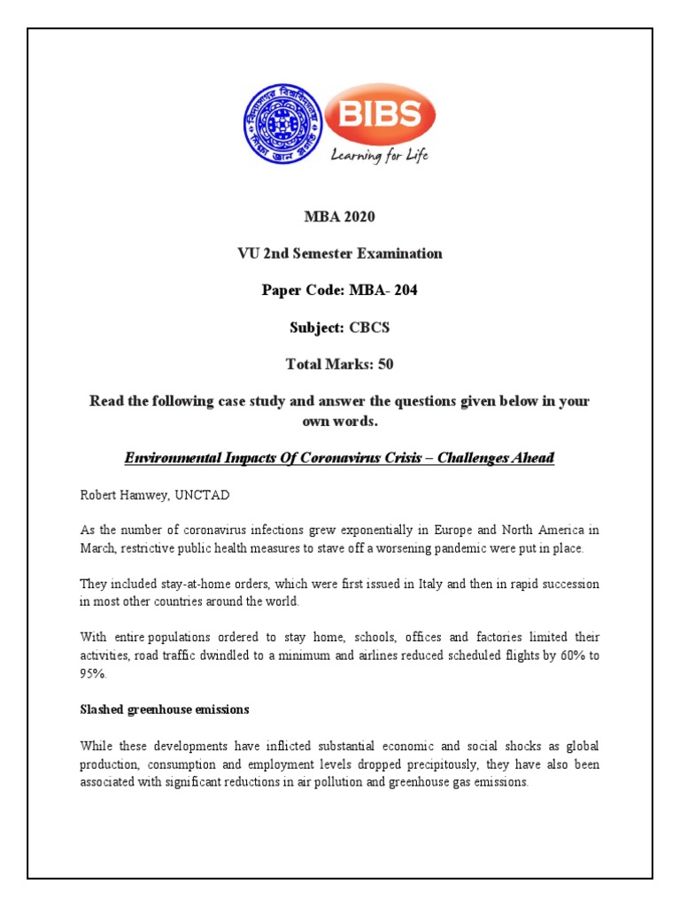MBA 2020 VU 2nd Semester Examination: Paper Code: MBA-204 Subject ...
