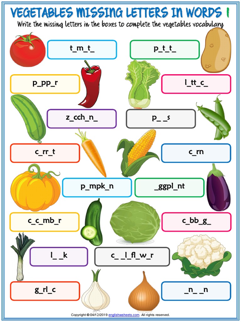 Vegetables Vocabulary Esl Missing Letters in Words Worksheets For Kids ...