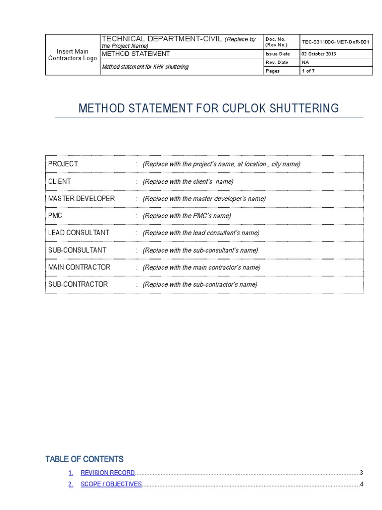 Method Statement For Cuplock Shuttering Work | PDF | Quality Assurance ...