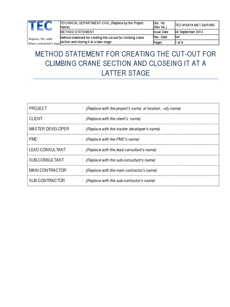 Method Statement For Creating The Cut-Out For Climbing Crane Section ...