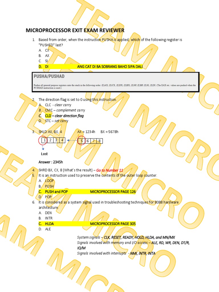 Microprocessor Exit Exam Reviewer: B. CMC - Complement Carry C. CLD ...