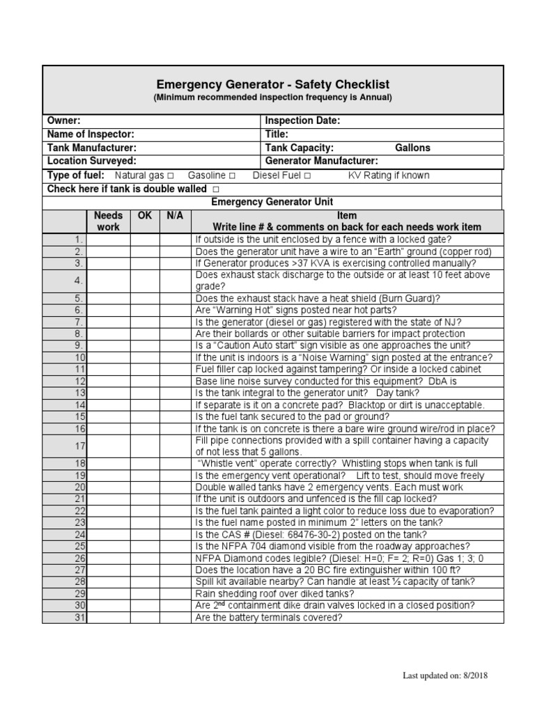 Emergency Generator - Safety Checklist: (Minimum Recommended Inspection ...