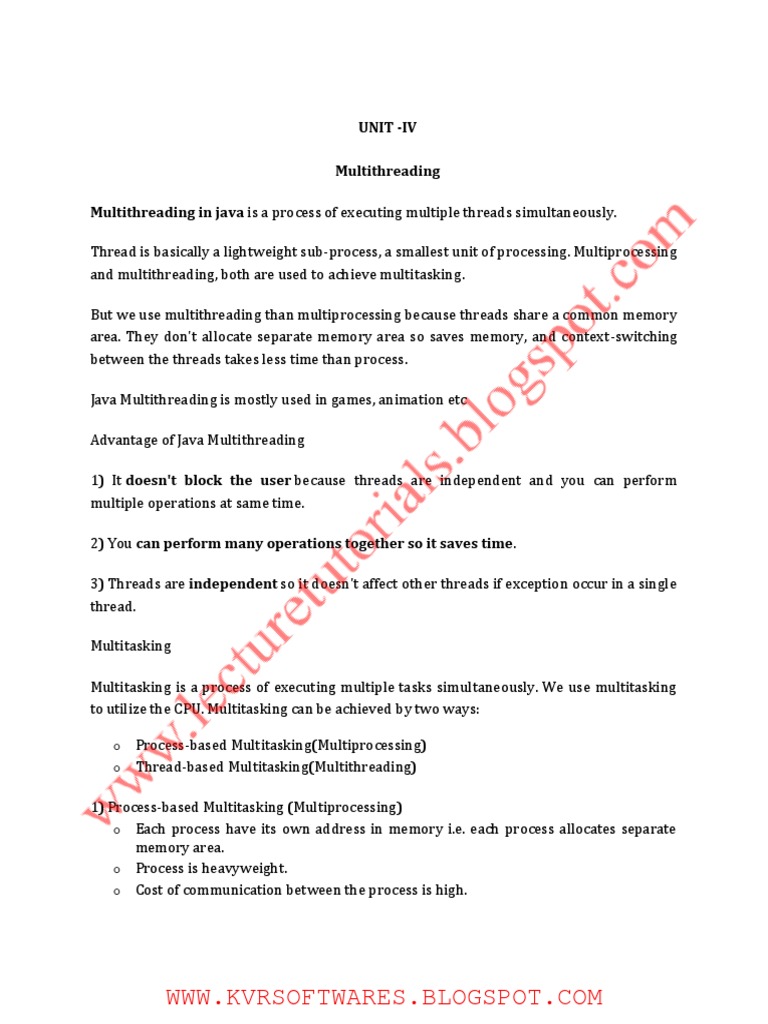 Unit - Iv Multithreading Multithreading in Java Is A Process of Executing Multiple Threads ...