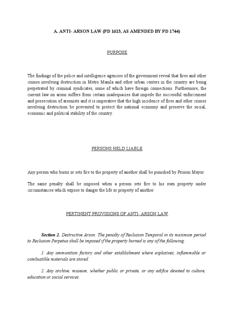 A. Anti-Arson Law (PD 1613, As Amended by PD 1744) | PDF | Arson ...