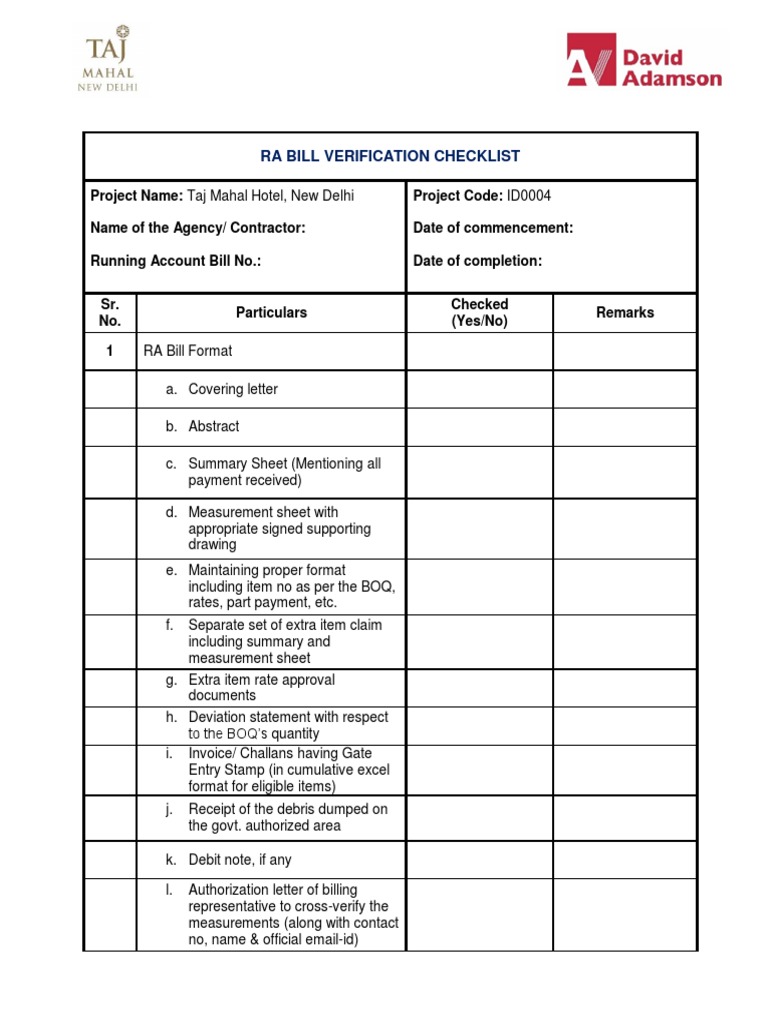 TMH - Ra Bill Verification Checklist | PDF | Financial Services | Business