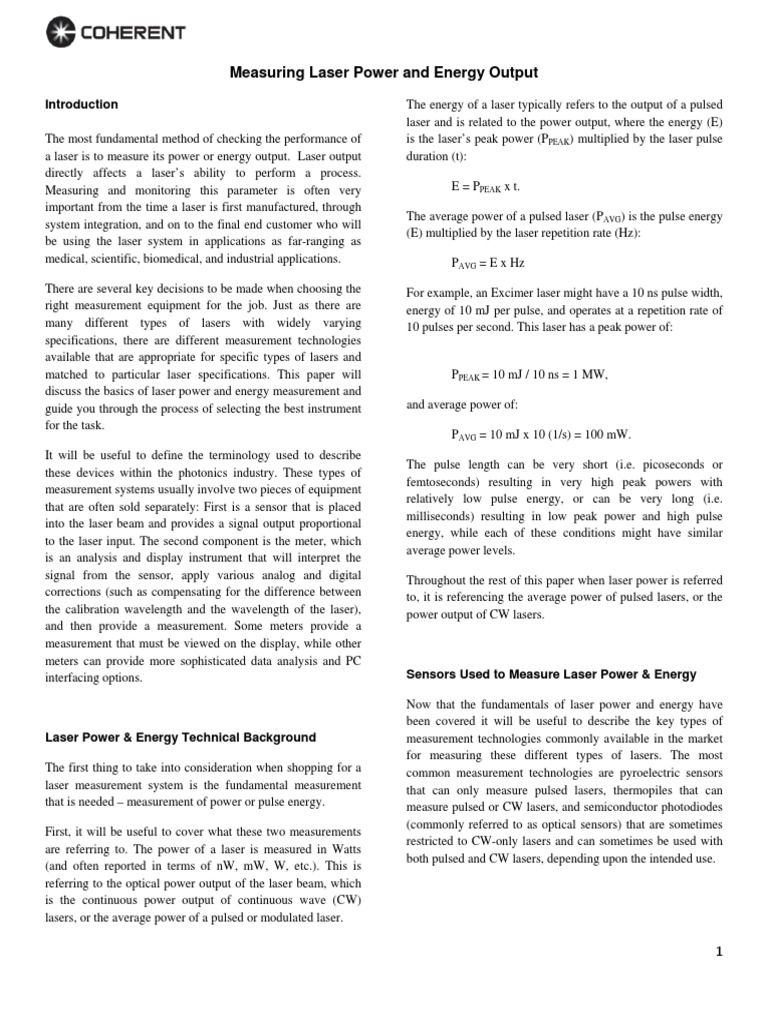 Measuring Laser Power and Energy Output | PDF | Laser | Watt