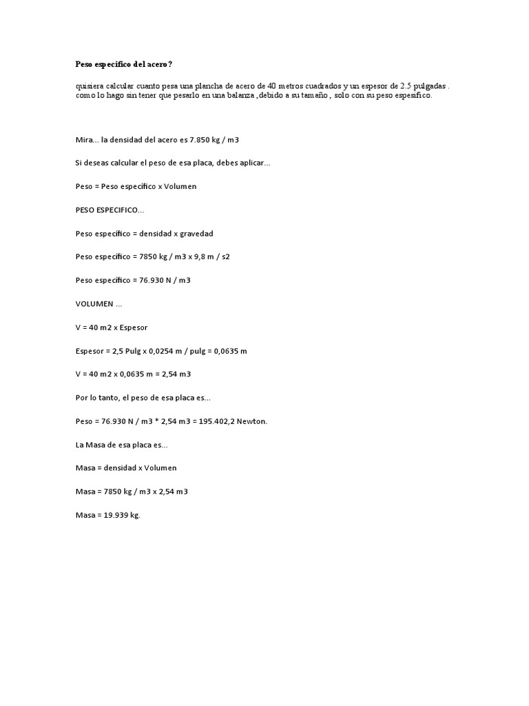 Peso Especifico Del Acero