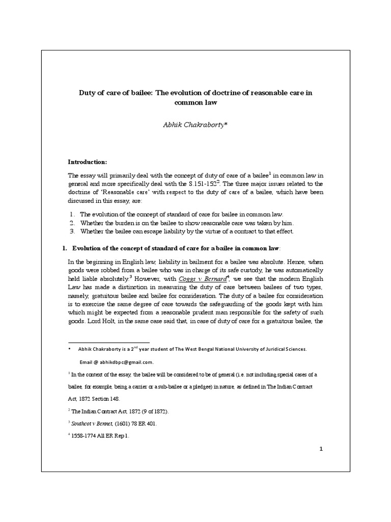 Duty of Care of Bailee: The Evolution of Doctrine of Reasonable Care in ...