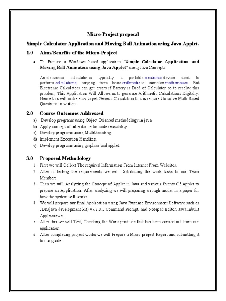 Micro-Project Proposal Simple Calculator Application and Moving Ball Animation Using Java Applet ...