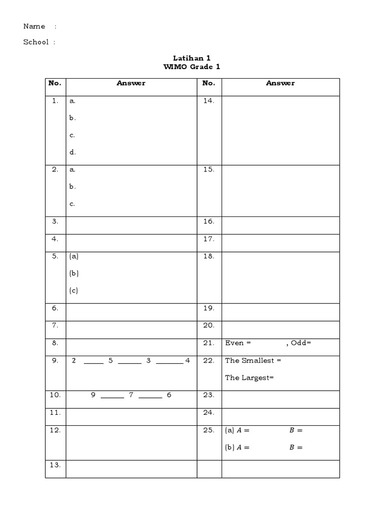 Latihan 1 WIMO Grade 1 No. Answer No. Answer | PDF