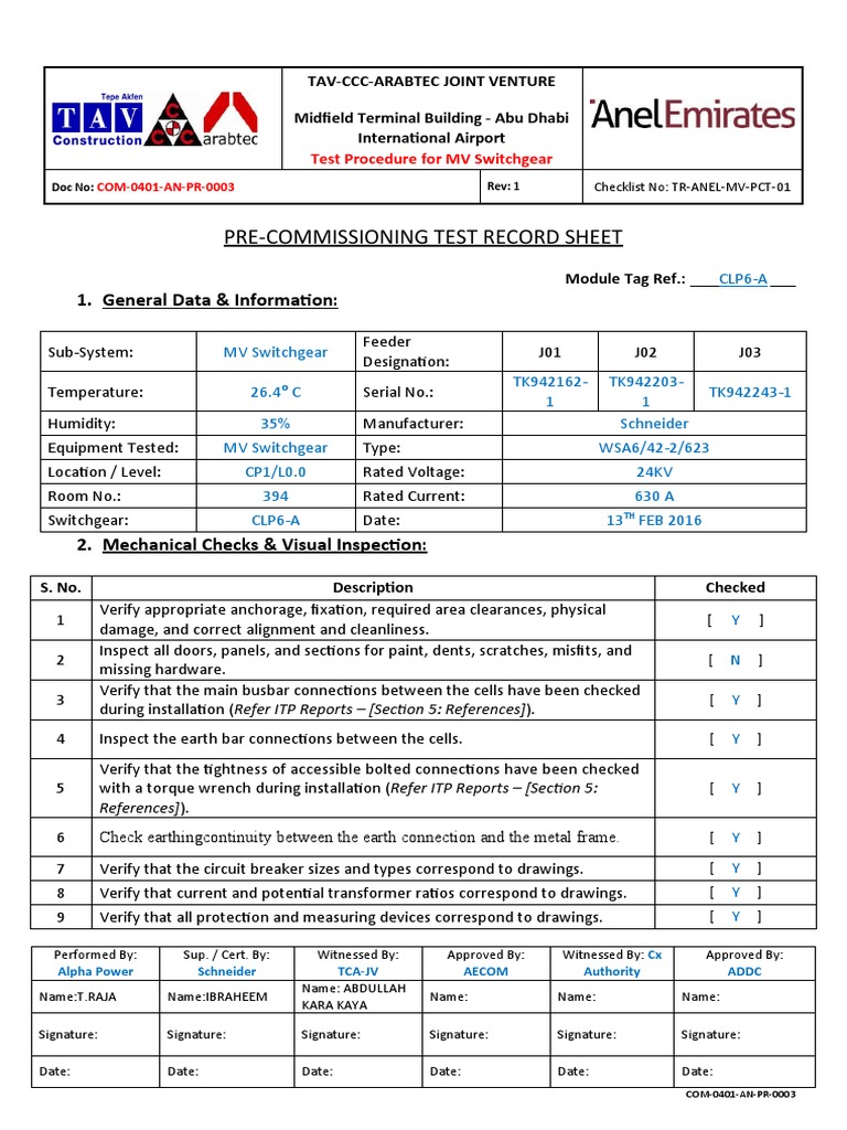 Pre-Commissioning Test Record Sheet: 1. General Data & Information ...
