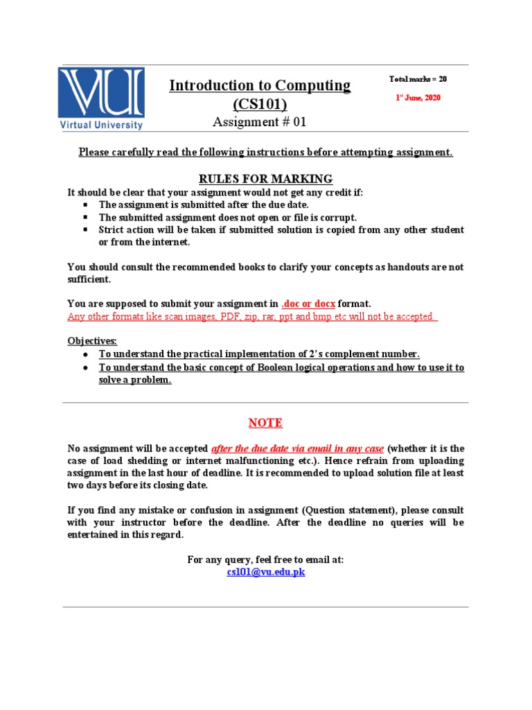 Introduction To Computing Cs101 Assignment 01 Pdf Computing Teaching Mathematics