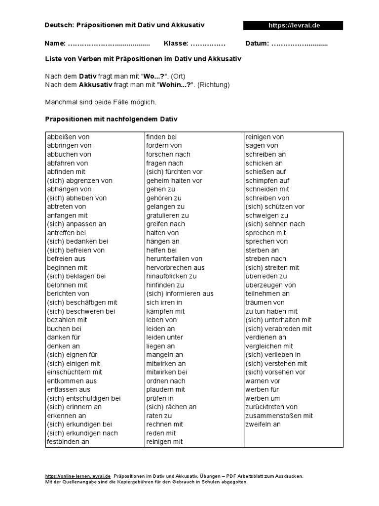 Liste Der Verben Mit Praepositionen