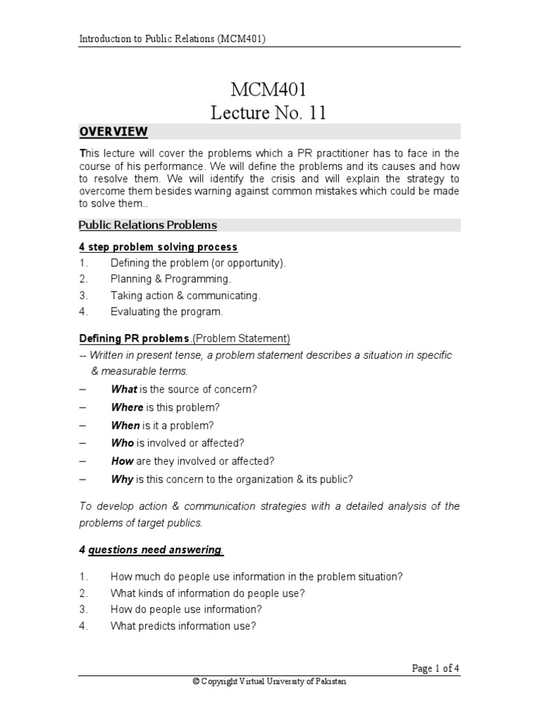 MCM401 Lecture No. 11: This Lecture Will Cover The Problems Which A PR ...