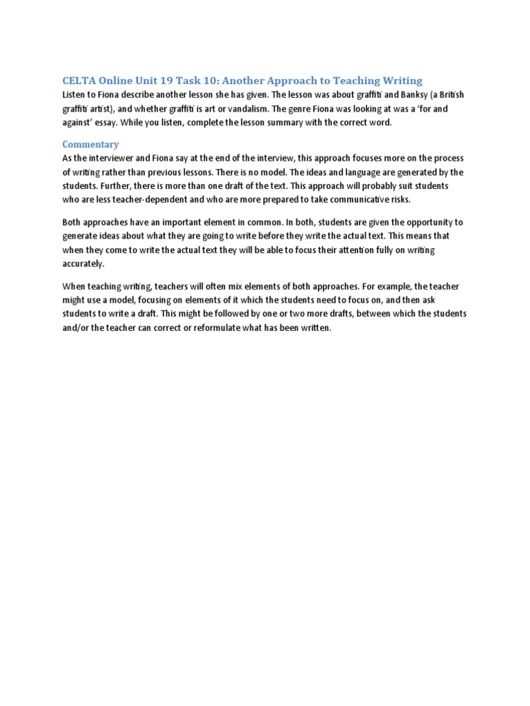 CELTA Online Unit 19 Task 10 - Another Approach To Teaching Writing | PDF