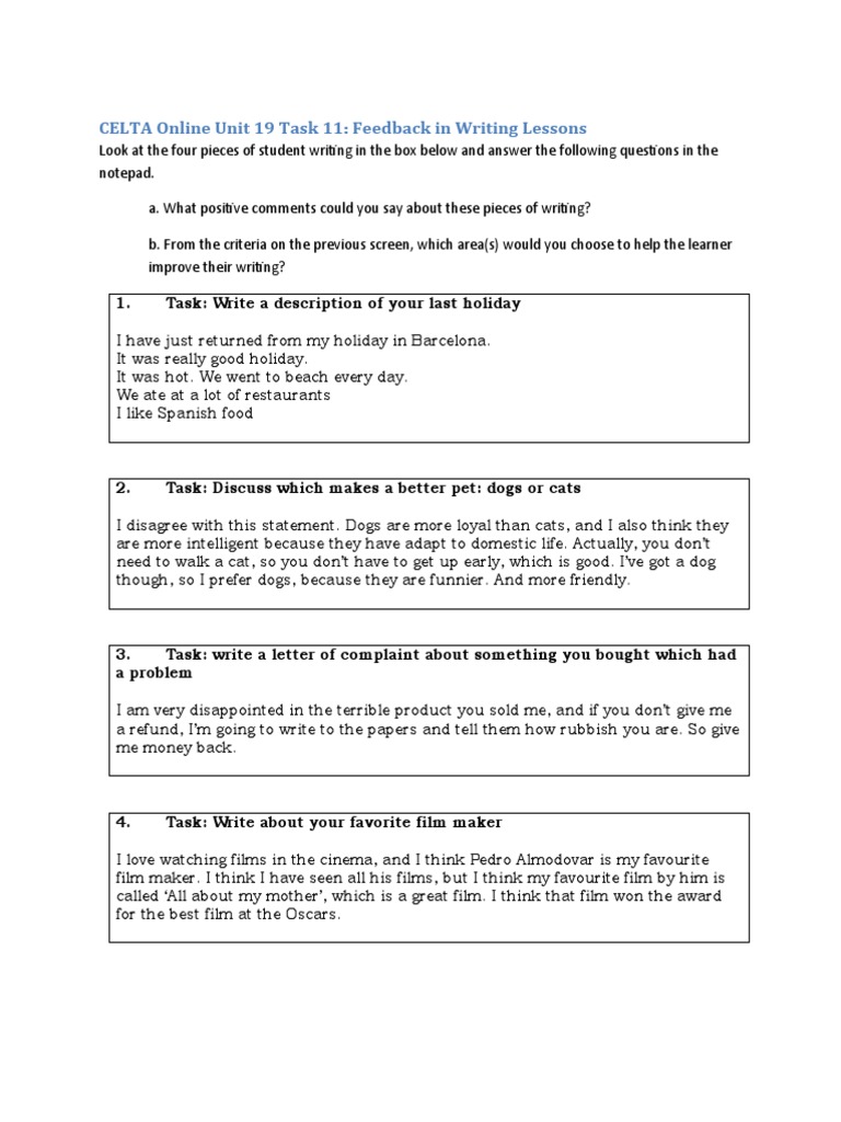 CELTA Online Unit 19 Task 11 - Feedback in Writing Lessons-2 | PDF | Communication | Cognition
