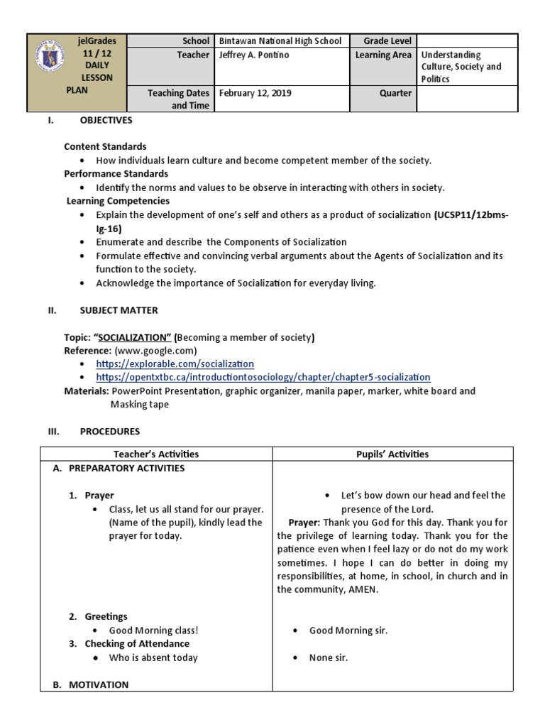 Socialization Lesson Plan Finale | PDF | Socialization | Nature Versus ...