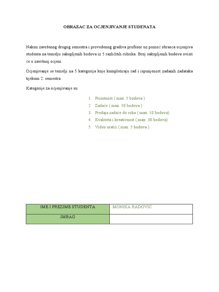 Obrazac Za Ocjenjivanje Studenata | PDF