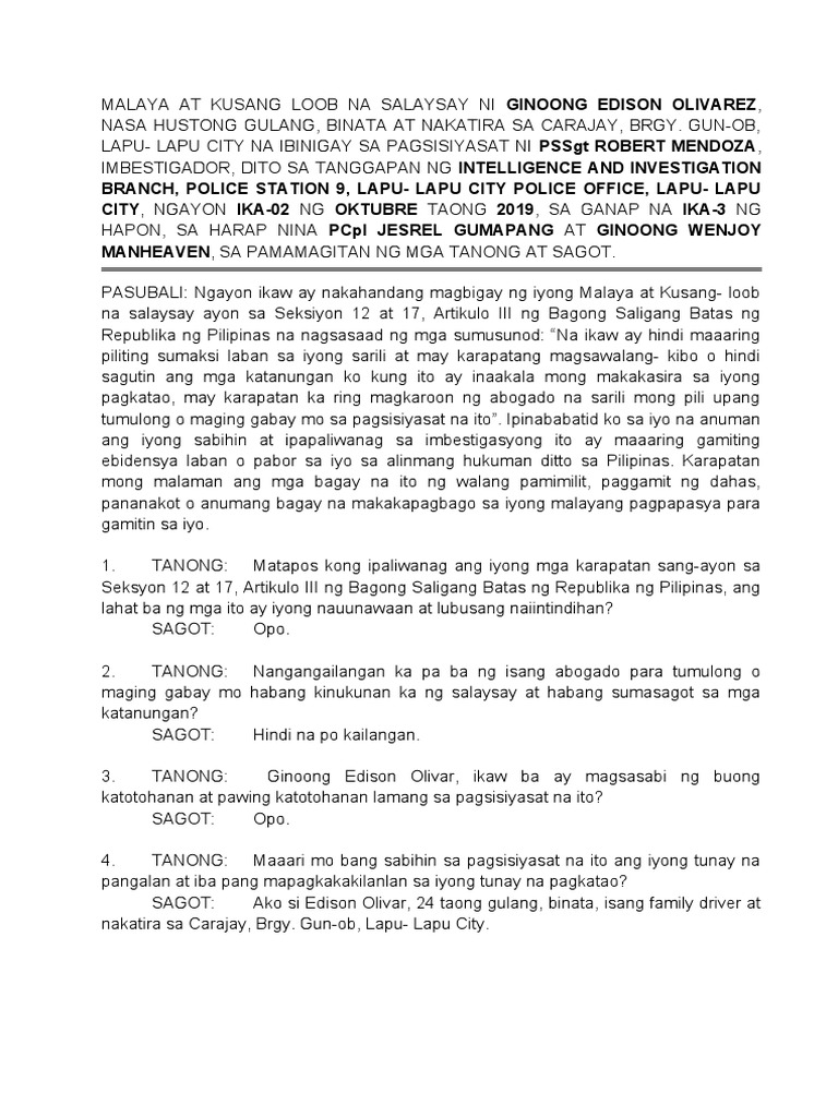 Malaya at Kusang Loob Na Salaysay Ni Ginoong Edison Olivar | PDF