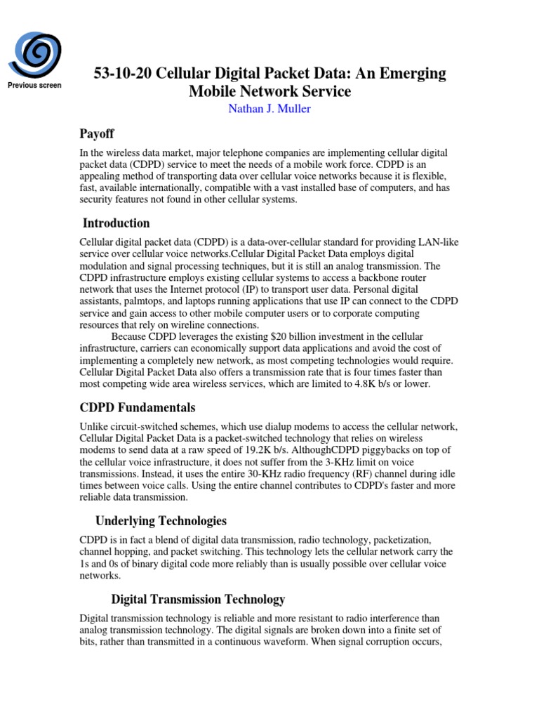 Cellular Digital Packet Data-An Emerging PDF | PDF | Osi Model ...