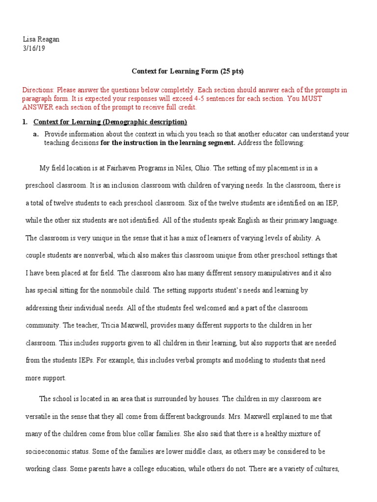 Context For Learning Form | PDF | Individualized Education Program ...