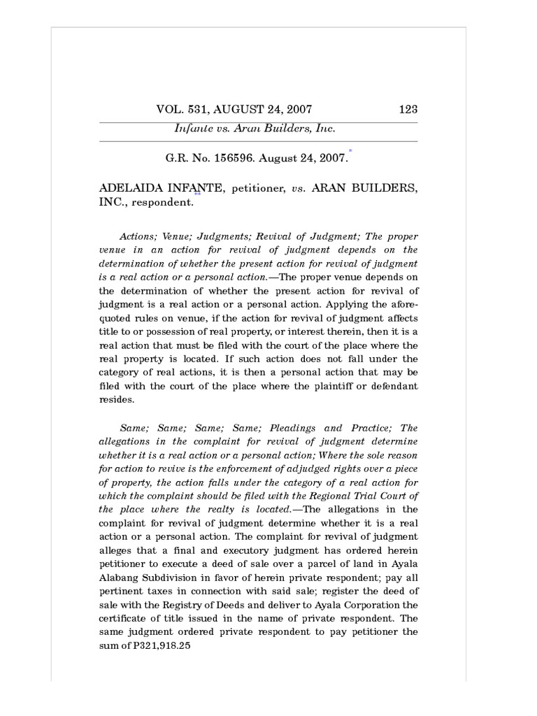 Infante vs. Aran Builders, Inc. | PDF | Lawsuit | Judgment (Law)