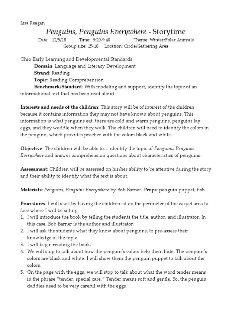 Storytelling Lesson - Penguins Penguins Everywhere | PDF | Reading ...