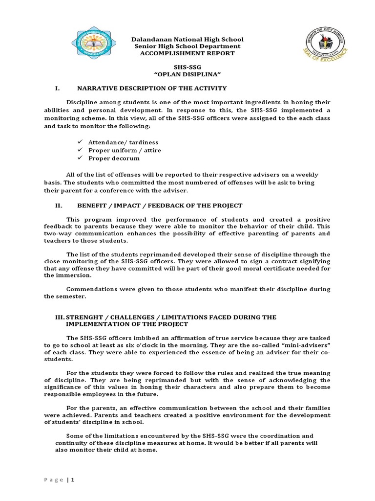 SHS-SSG Accomplishment Report Sy-19 "Oplan Disiplina" | PDF | Behavior ...
