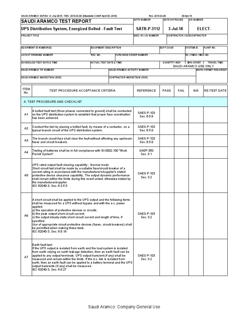 Saudi Aramco Test Report: UPS Distribution System, Energized Bolted ...